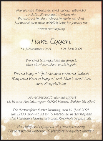Traueranzeigen von Hans Eggert | Trauer-in-NRW.de