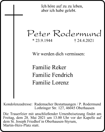 Traueranzeigen von Peter Rodermund | Trauer-in-NRW.de