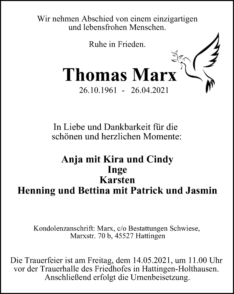 Traueranzeigen von Thomas Marx | Trauer-in-NRW.de