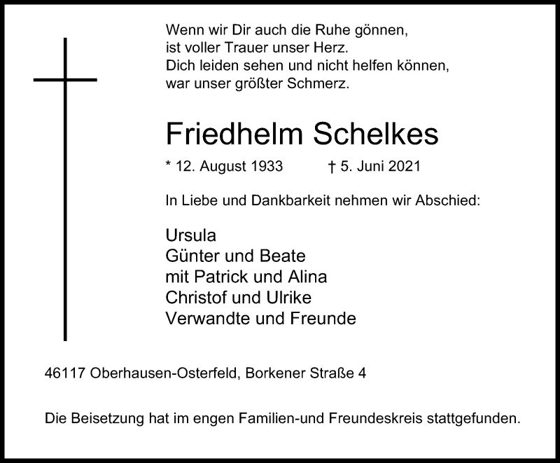 Traueranzeigen von Friedhelm Schelkes | Trauer-in-NRW.de