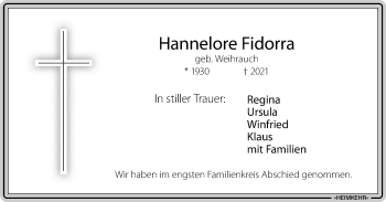 Traueranzeigen von Hannelore Fidorra | Trauer-in-NRW.de