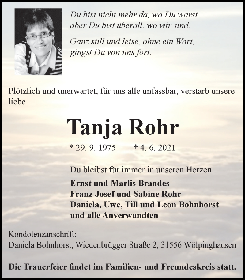 Traueranzeigen von Tanja Rohr | Trauer-in-NRW.de
