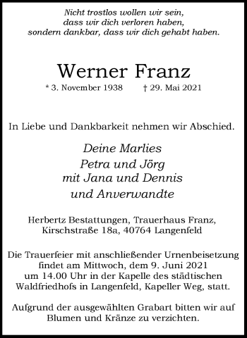 Traueranzeigen von Werner Franz | Trauer-in-NRW.de