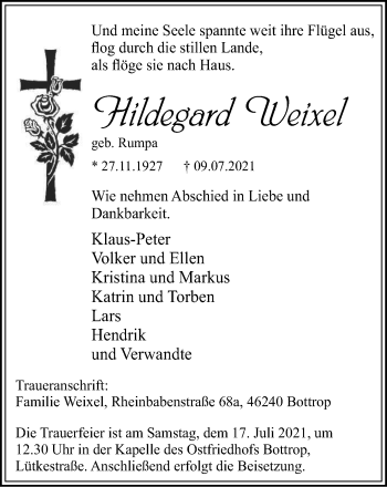 Traueranzeigen von Hildegard Weixel | Trauer-in-NRW.de