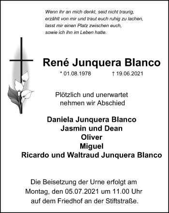 Traueranzeigen von René Junquera Blanco | Trauer-in-NRW.de