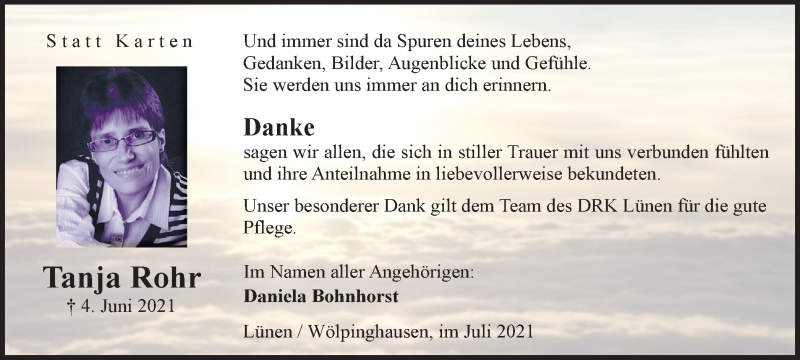 Traueranzeigen von Tanja Rohr | Trauer-in-NRW.de
