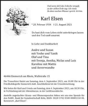 Traueranzeigen von Karl Elsen | Trauer-in-NRW.de