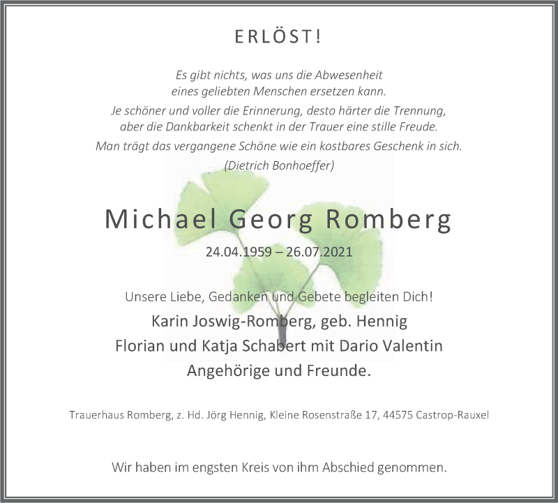 Traueranzeigen von Michael Georg Romberg | Trauer-in-NRW.de