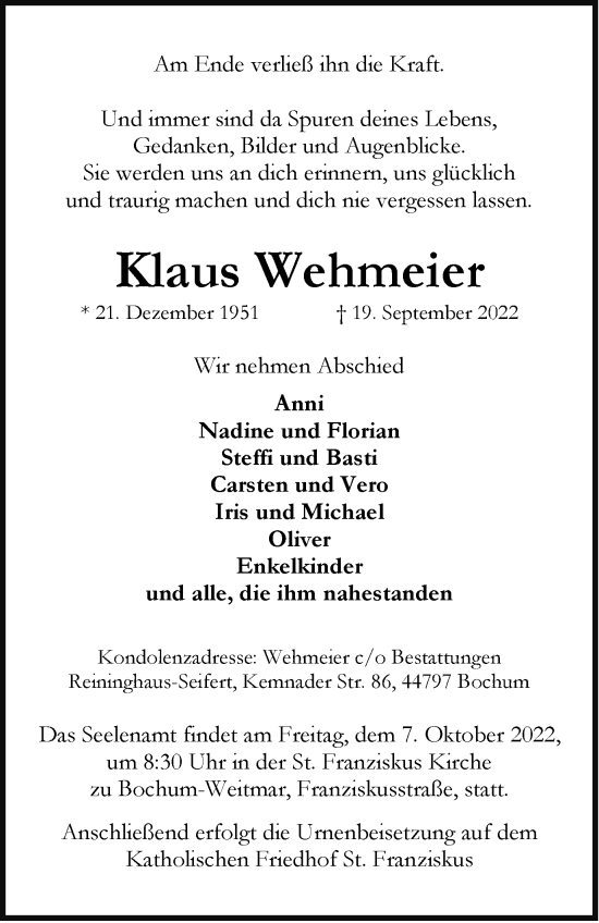 Traueranzeigen von Klaus Wehmeier | Trauer-in-NRW.de