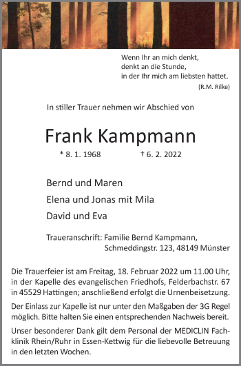 Traueranzeigen von Frank Kampmann | Trauer-in-NRW.de