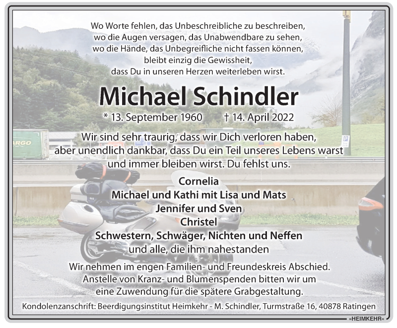 Traueranzeigen von Michael Schindler | Trauer-in-NRW.de
