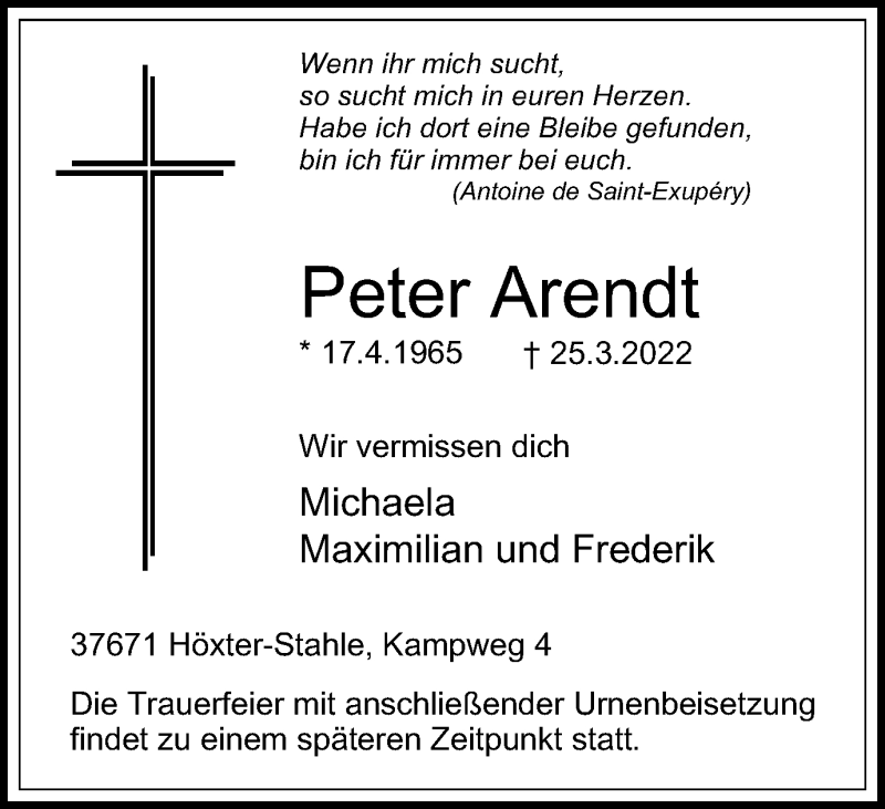 Traueranzeigen von Peter Arendt | Trauer-in-NRW.de