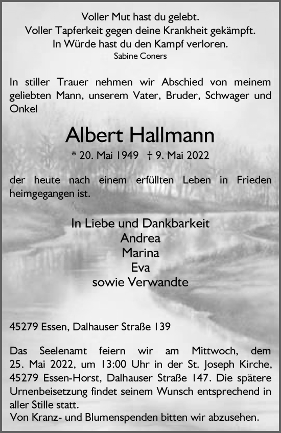 Traueranzeigen von Albert Hallmann | Trauer-in-NRW.de