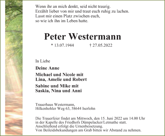 Traueranzeigen von Peter Westermann | Trauer-in-NRW.de