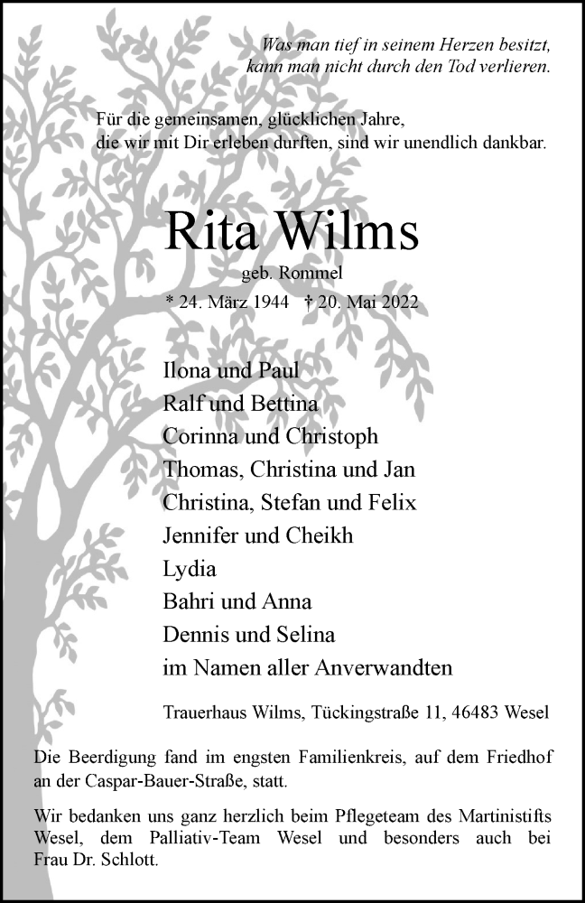 Traueranzeigen von Rita Wilms | Trauer-in-NRW.de
