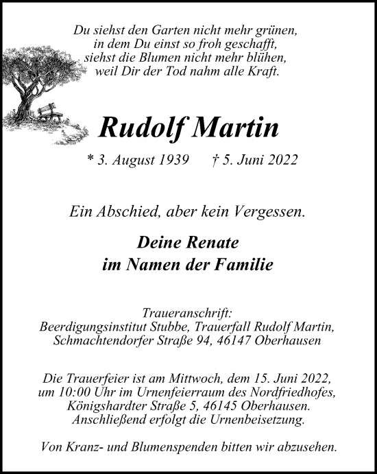Traueranzeigen von Rudolf Martin | Trauer-in-NRW.de