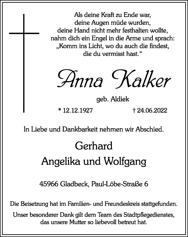 Traueranzeigen von Anna Kalker | Trauer-in-NRW.de