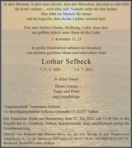 Traueranzeigen von Lothar Selbeck | Trauer-in-NRW.de