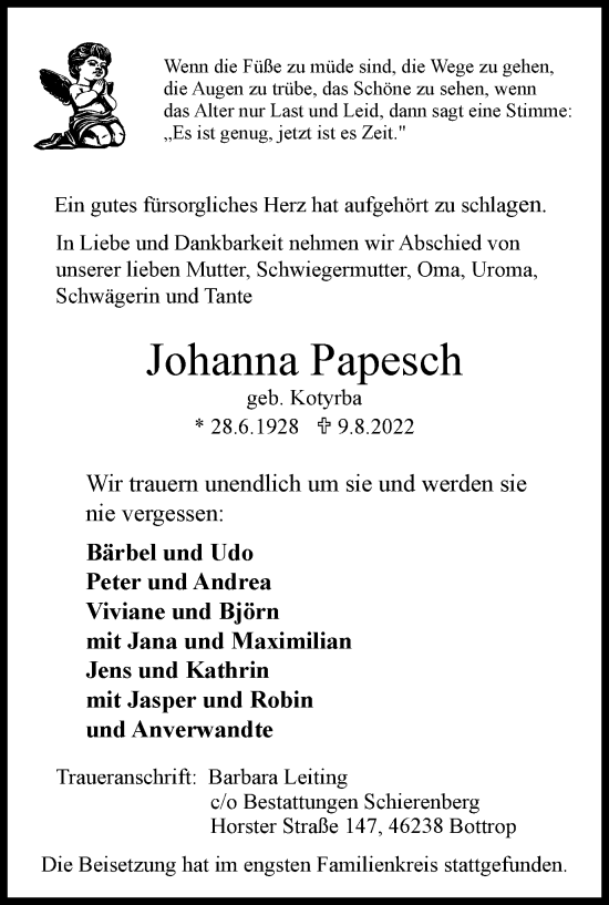 Traueranzeigen von Johanna Papesch | Trauer-in-NRW.de