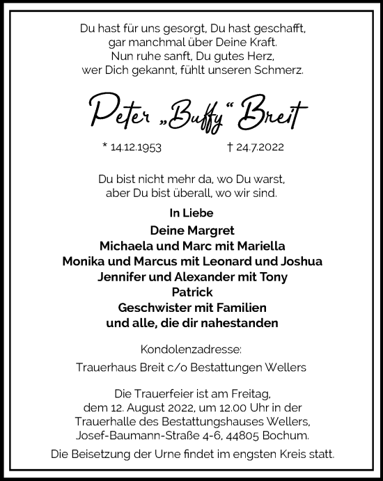 Traueranzeigen von Peter Breit | Trauer-in-NRW.de