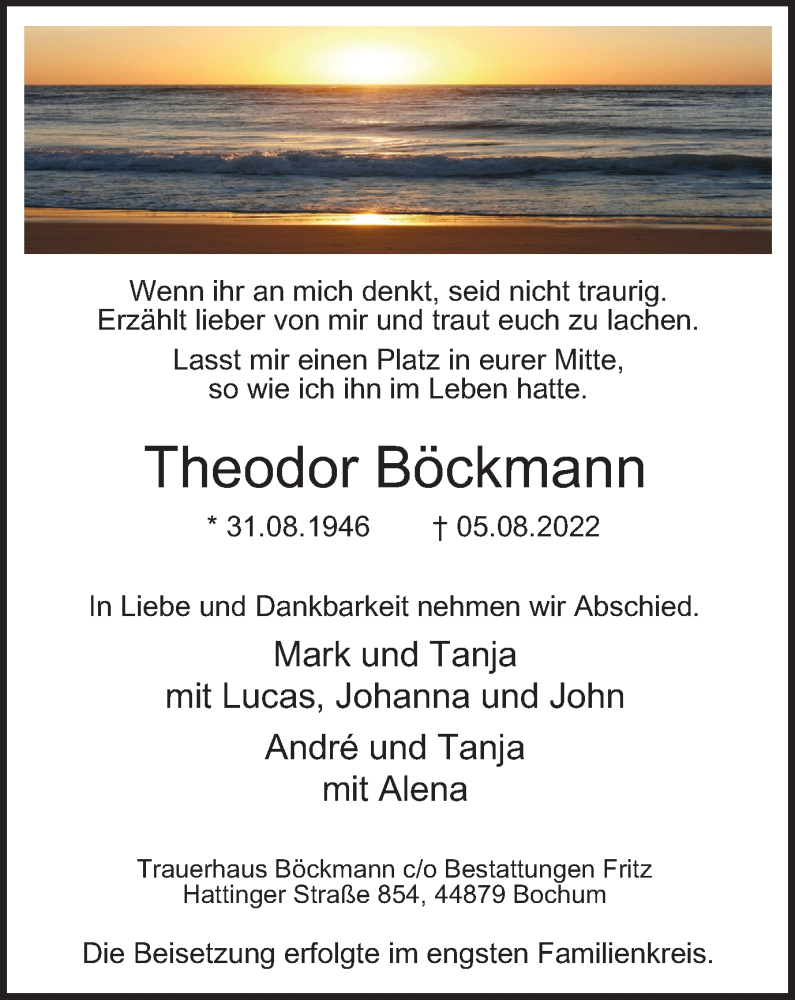 Traueranzeigen von Theodor Böckmann | Trauer-in-NRW.de