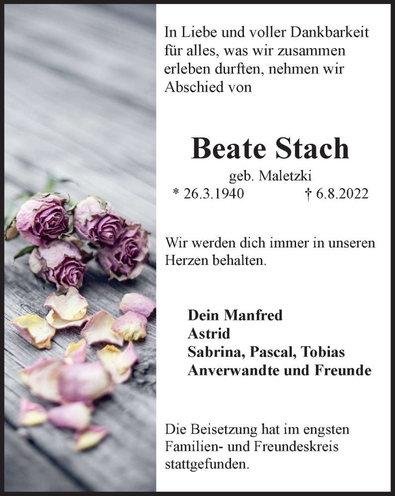 Traueranzeigen von Beate Stach | Trauer-in-NRW.de