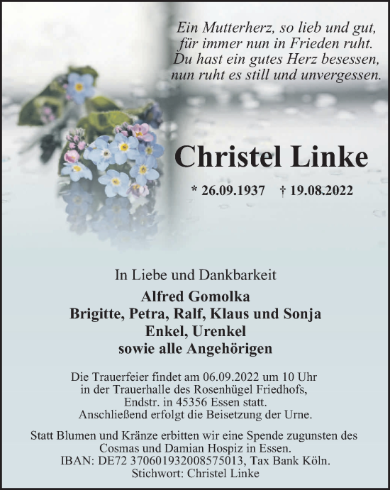 Traueranzeigen von Christel Linke | Trauer-in-NRW.de