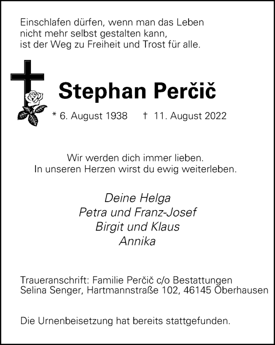 Traueranzeigen von Stephan Percic | Trauer-in-NRW.de