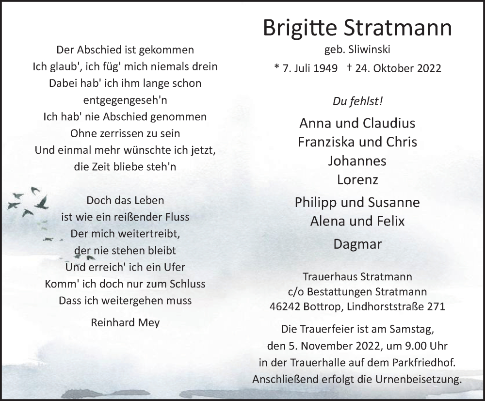 Traueranzeigen von Brigitte Stratmann | Trauer-in-NRW.de