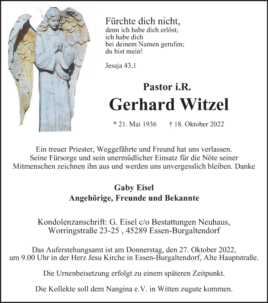 Traueranzeigen von Gerhard Witzel | Trauer-in-NRW.de