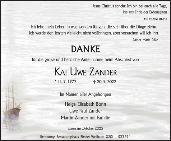 Traueranzeigen von Kai Uwe Zander | Trauer-in-NRW.de