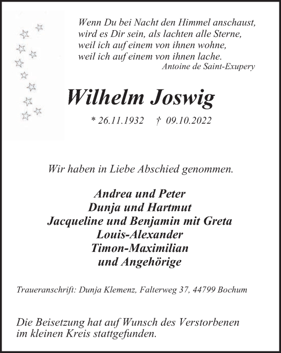 Traueranzeigen von Wilhelm Joswig | Trauer-in-NRW.de