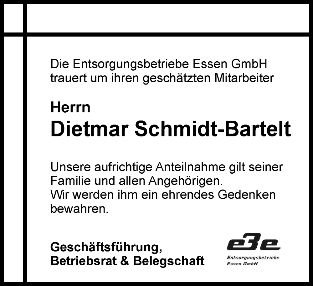 Traueranzeigen von Dietmar Schmidt-Bartelt | Trauer-in-NRW.de