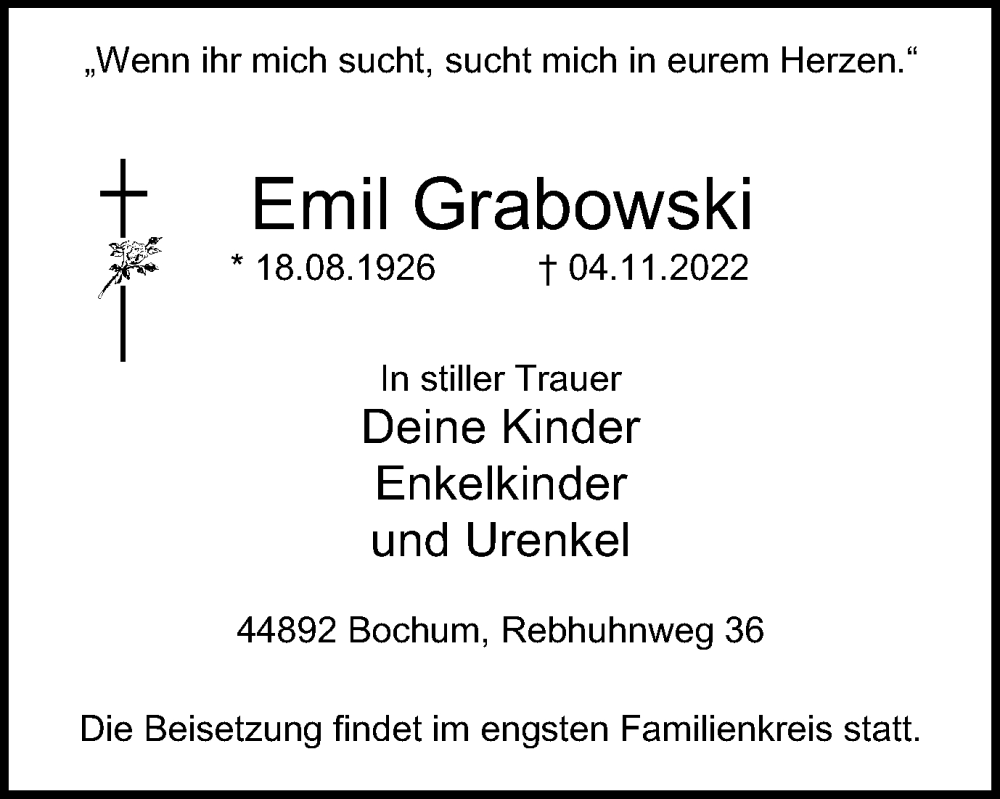 Traueranzeigen von Emil Grabowski | Trauer-in-NRW.de