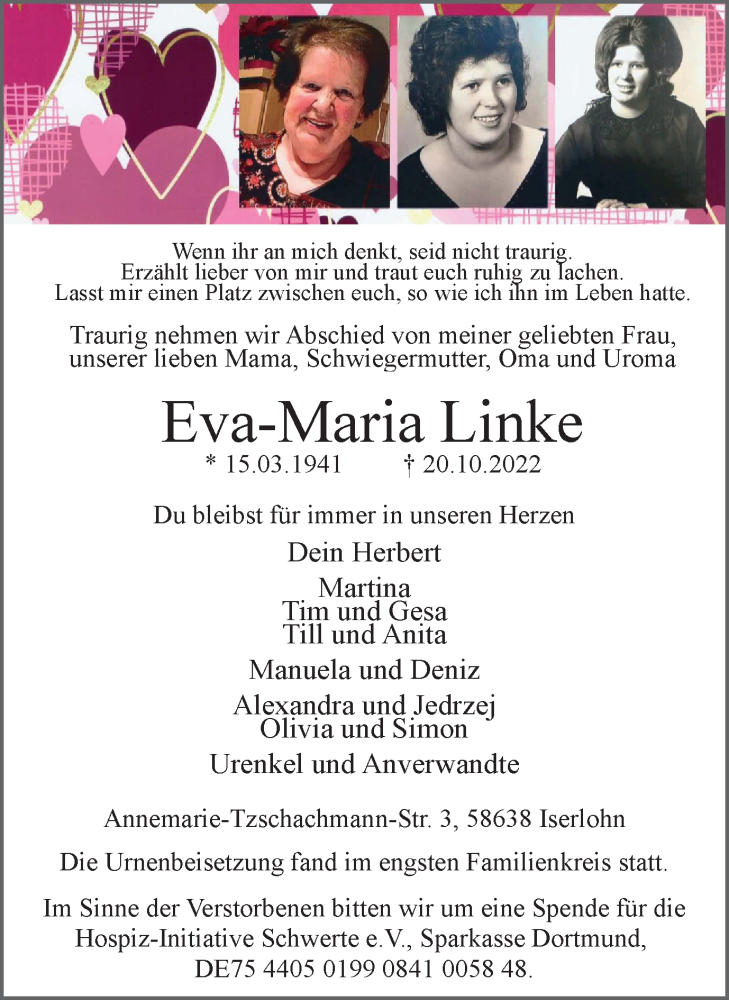 Traueranzeigen von Eva-Maria Linke | Trauer-in-NRW.de