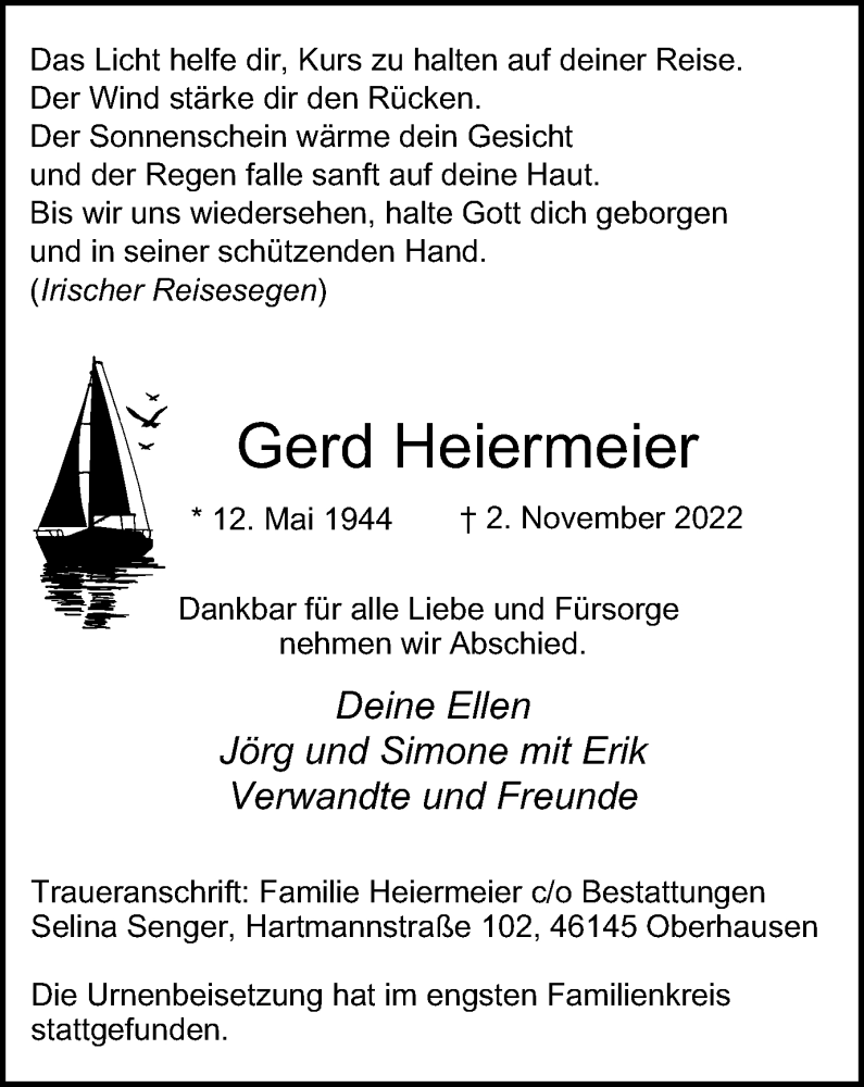 Traueranzeigen von Gerd Heiermeier | Trauer-in-NRW.de