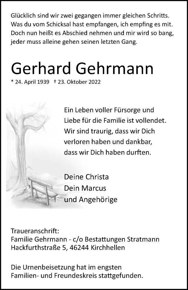 Traueranzeigen von Gerhard Gehrmann | Trauer-in-NRW.de