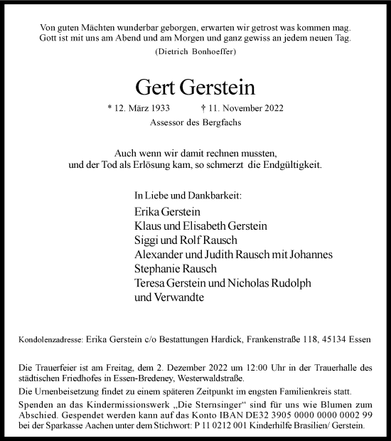 Traueranzeigen von Gert Gerstein | Trauer-in-NRW.de