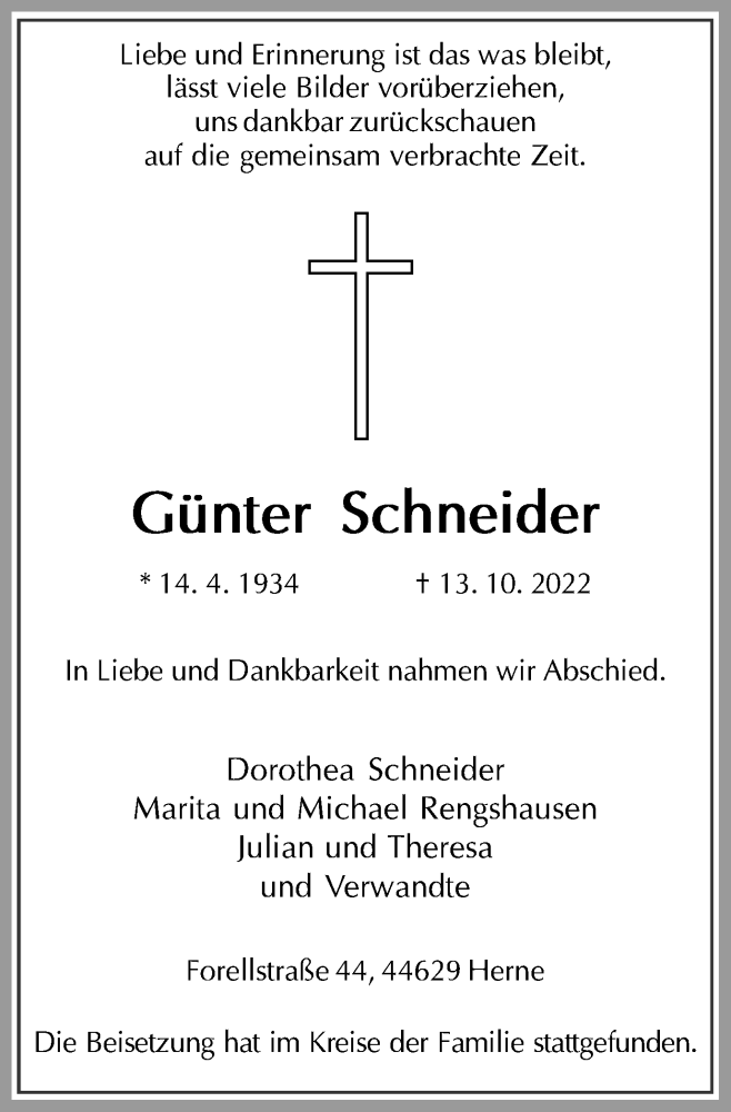 Traueranzeigen von Günter Schneider | Trauer-in-NRW.de