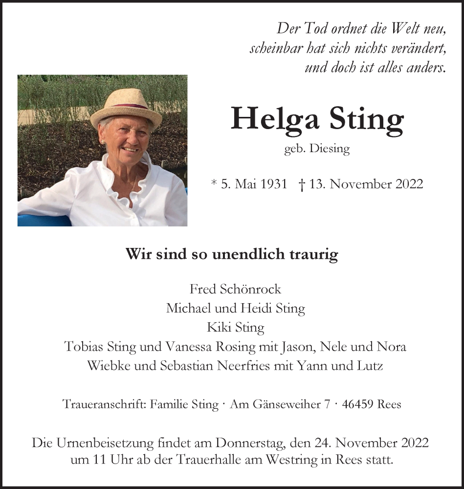 Traueranzeigen von Helga Sting | Trauer-in-NRW.de