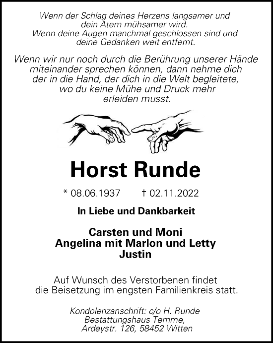Traueranzeigen von Horst Runde | Trauer-in-NRW.de