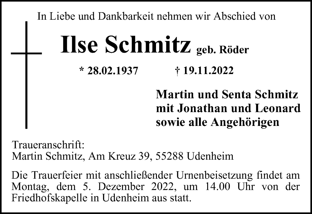 Traueranzeigen von Ilse Schmitz | Trauer-in-NRW.de