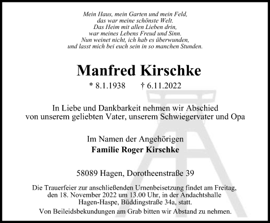 Traueranzeigen von Manfred Kirschke | Trauer-in-NRW.de