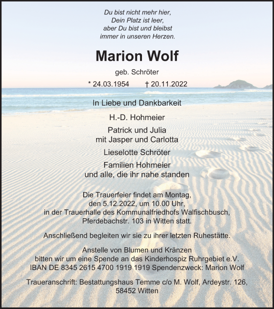 Traueranzeigen von Marion Wolf | Trauer-in-NRW.de