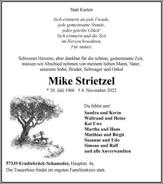 Traueranzeigen von Mike Strietzel | Trauer-in-NRW.de