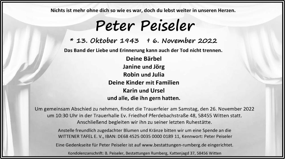 Traueranzeigen von Peter Peiseler | Trauer-in-NRW.de