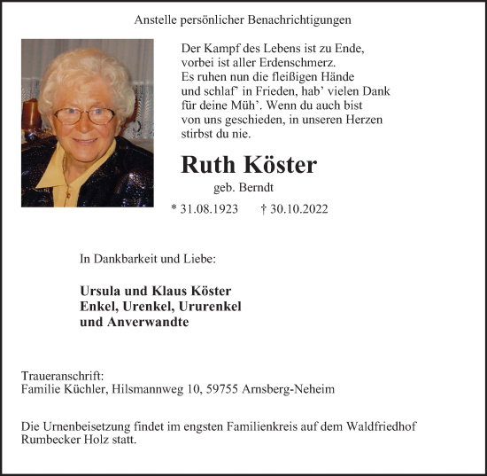 Traueranzeigen von Ruth Köster | Trauer-in-NRW.de