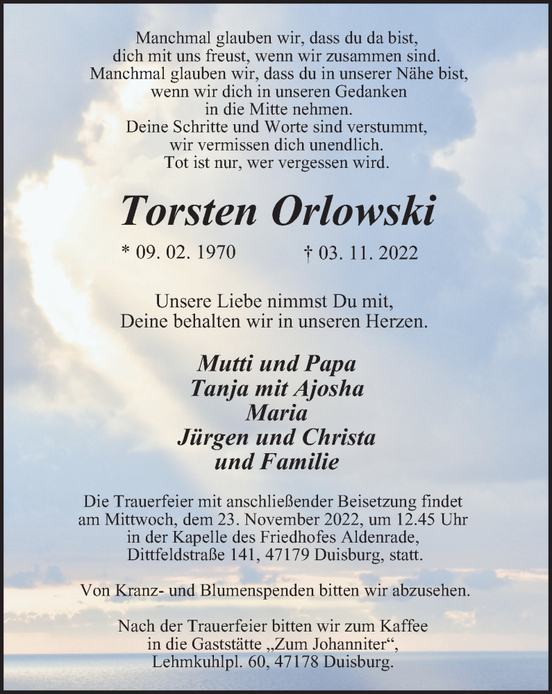 Traueranzeigen von Torsten Orlowski | Trauer-in-NRW.de