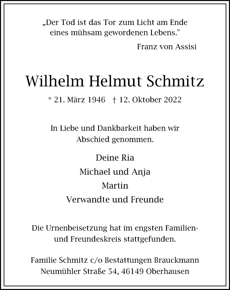 Traueranzeigen von Wilhelm Helmut Schmitz | Trauer-in-NRW.de