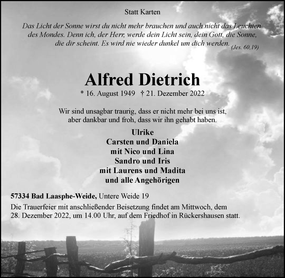 Traueranzeigen von Alfred Dietrich | Trauer-in-NRW.de